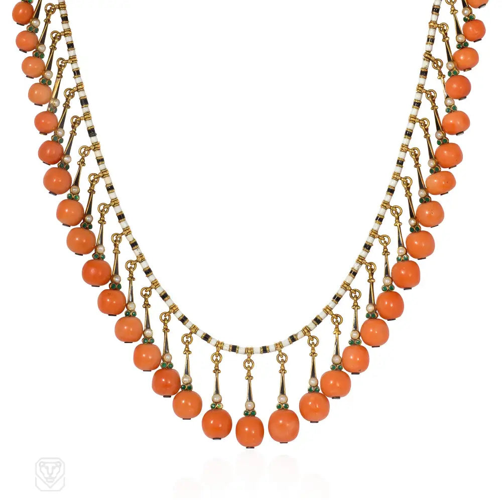 Antique Giuliano coral and pearl fringe necklace with cross pendant en Kentshire