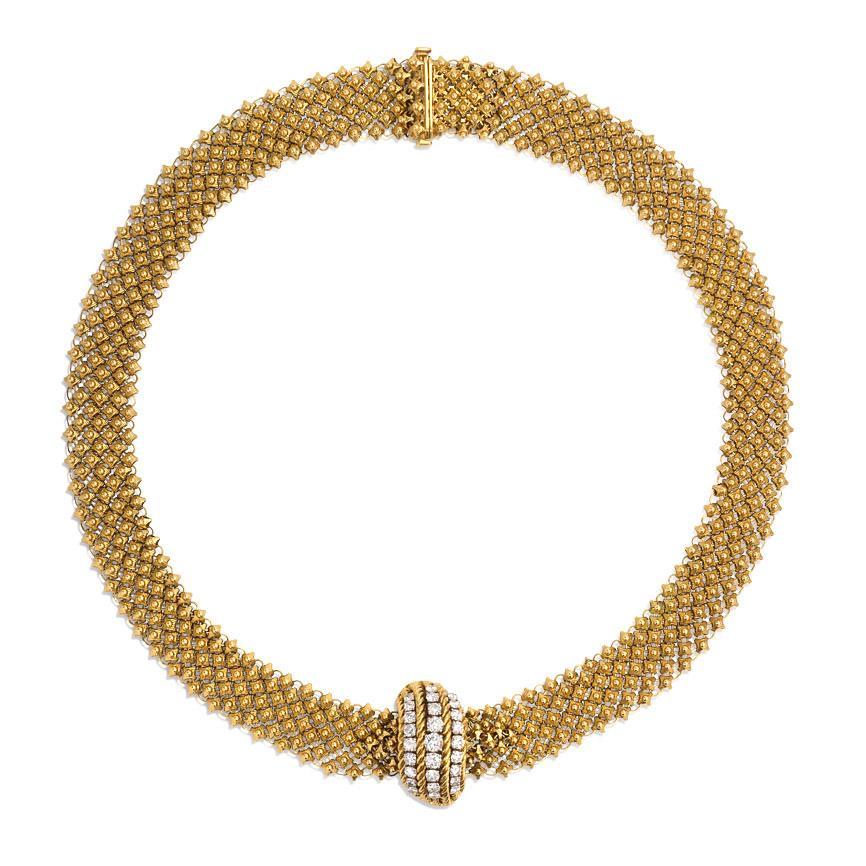 Gold chain mail necklace with diamond centerpiece – Kentshire